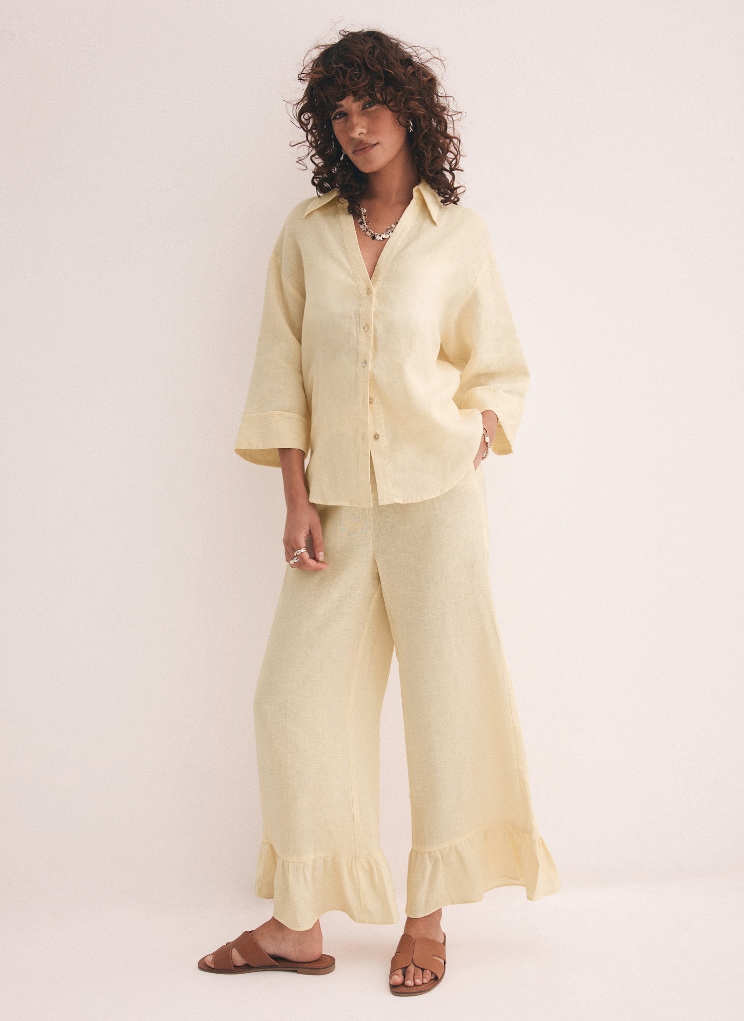 Yellow Linen Wide Ruffle Trousers – Mint Velvet